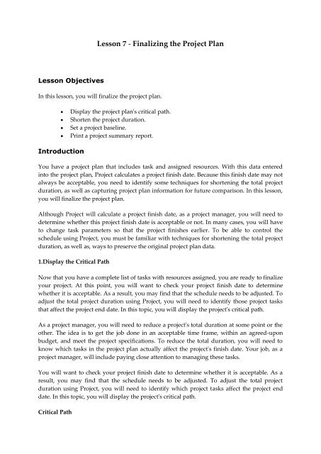 Lesson 7 - Finalizing the Project Plan