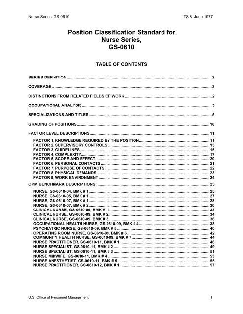 Position Classification Standard for Nurse Series, GS-0610