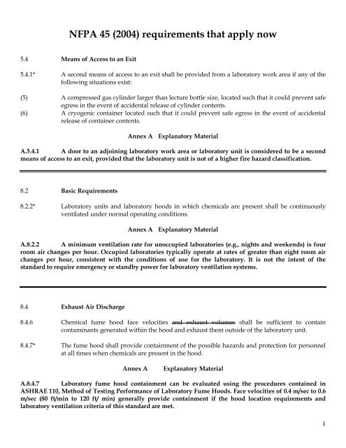 NFPA 45 (2004) requirements that apply now