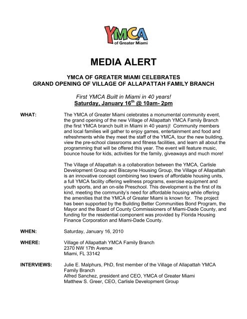 MEDIA ALERT - YMCA of Greater Miami