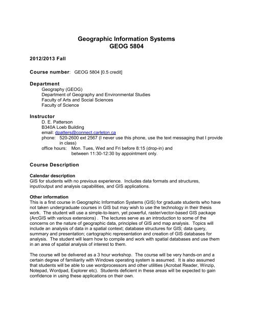 Geographic Information Systems GEOG 5804 - Carleton University