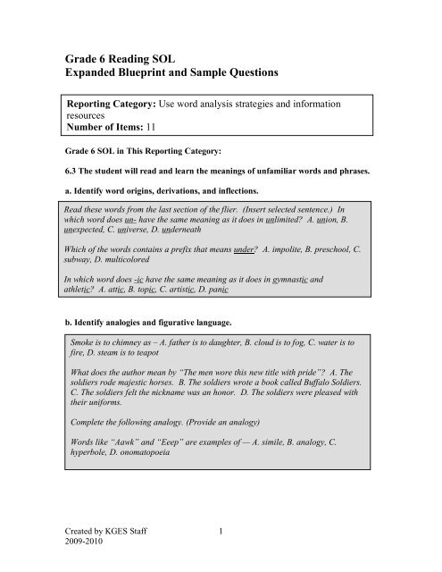 Grade 6 Reading SOL Expanded Blueprint and Sample Questions