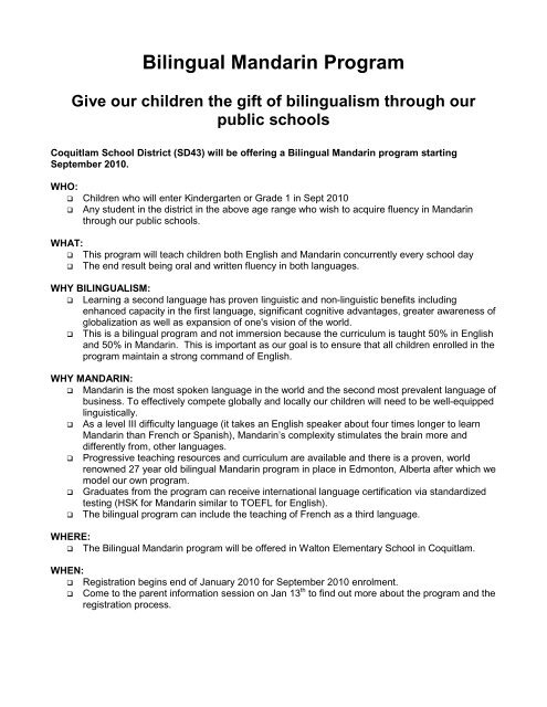 Bilingual Mandarin Program - SD43