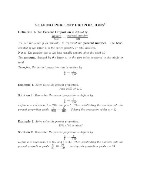 SOLVING PERCENT PROPORTIONS
