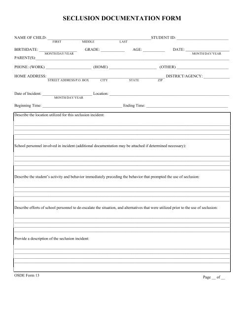 SECLUSION DOCUMENTATION FORM
