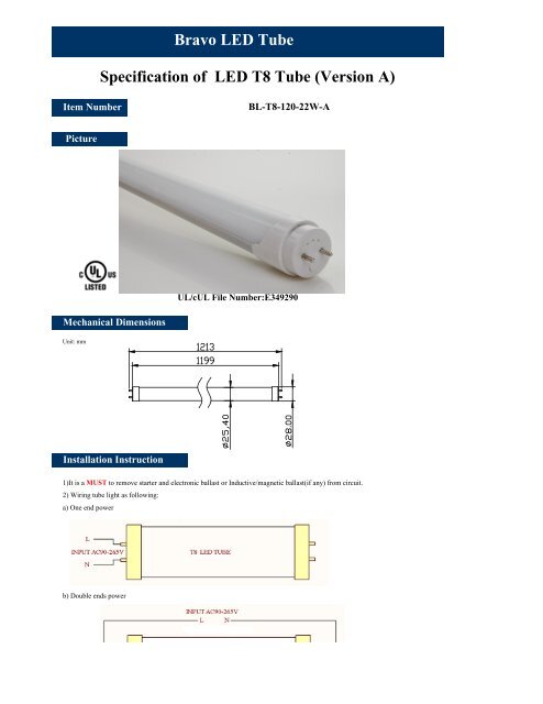 Bravo LED Tube Specification of LED T8 Tube ... - Wiedamark