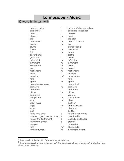 music vocabulary vocabulaire musique - French Etc