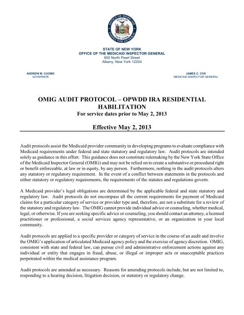 OMIG AUDIT PROTOCOL - New York State Office of the Medicaid ...