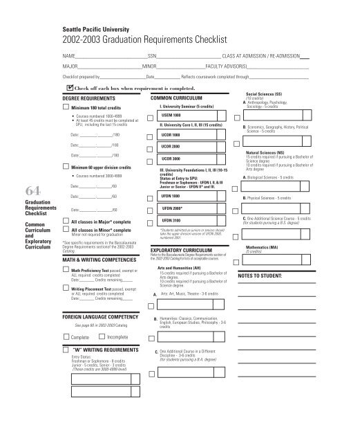 Graduation Requirements Checklist - Seattle Pacific University