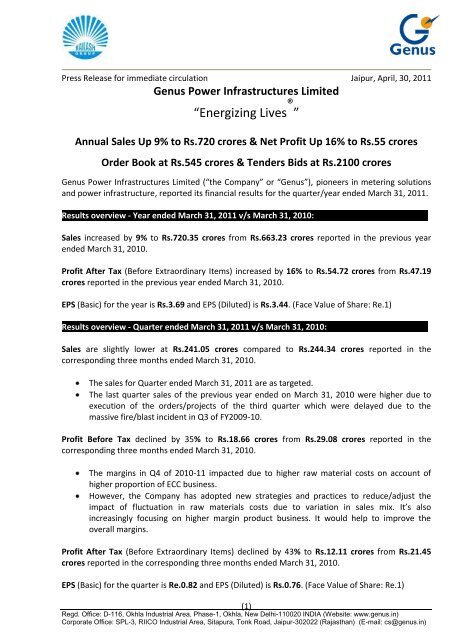 Press Release 2011 - Genus Power Infrastructures Ltd.