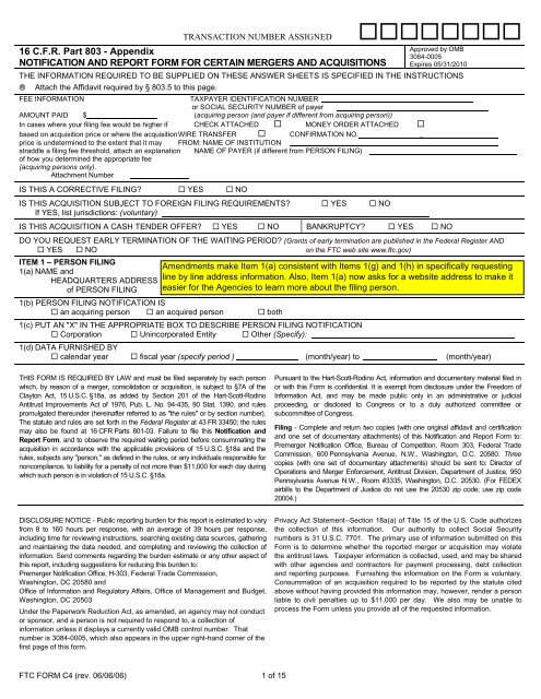HSR Notification & Report Form - unincorporated entities
