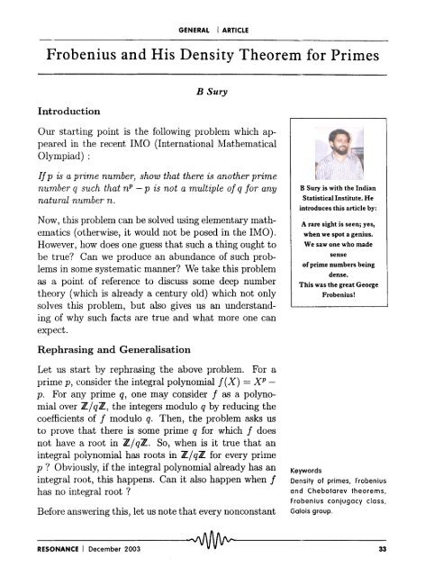 Frobenius and his Density theorem for primes - Indian Statistical ...