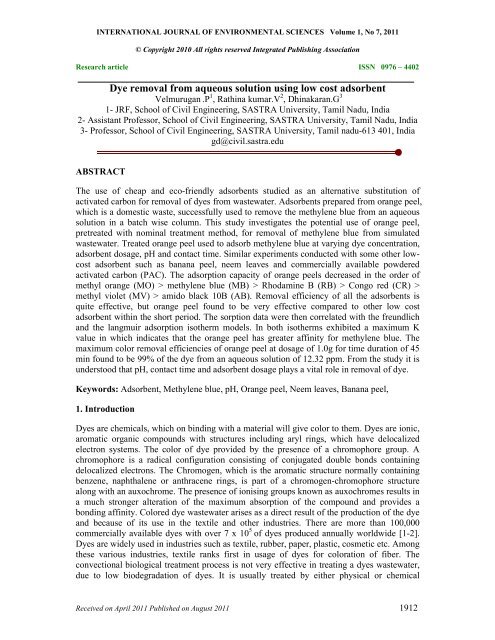 Dye removal from aqueous solution using low cost adsorbent