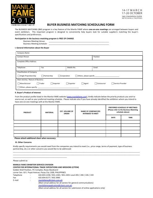 BUYER BUSINESS MATCHING SCHEDULING FORM - Manila FAME