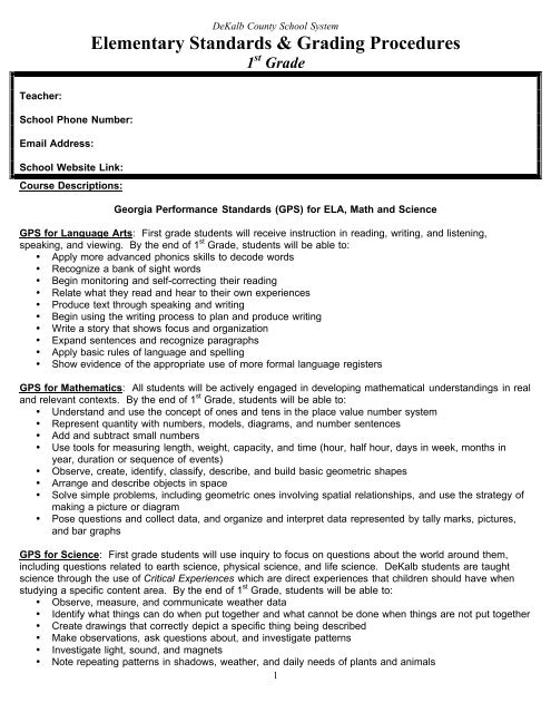 Elementary Standards & Grading Procedures - DeKalb County ...