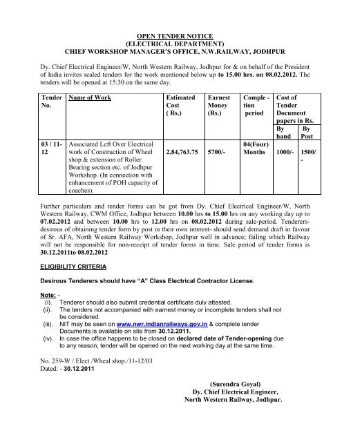 OPEN TENDER NOTICE - North Western Railway