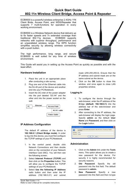 Quick Start Guide 802.11n Wireless Client Bridge, Access Point ...