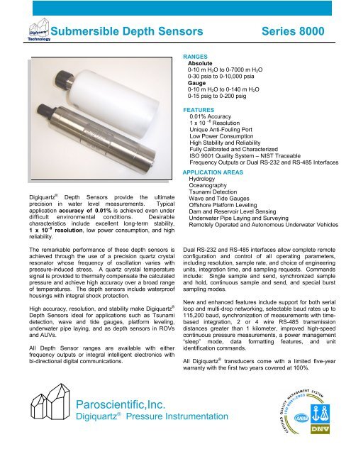 Paroscientific,Inc. Submersible Depth Sensors Series 8000