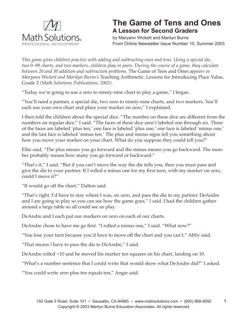 The Game of Tens and Ones: A Lesson for Second ... - Math Solutions