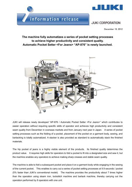 Automatic Pocket Setter, AP-876 - JUKI