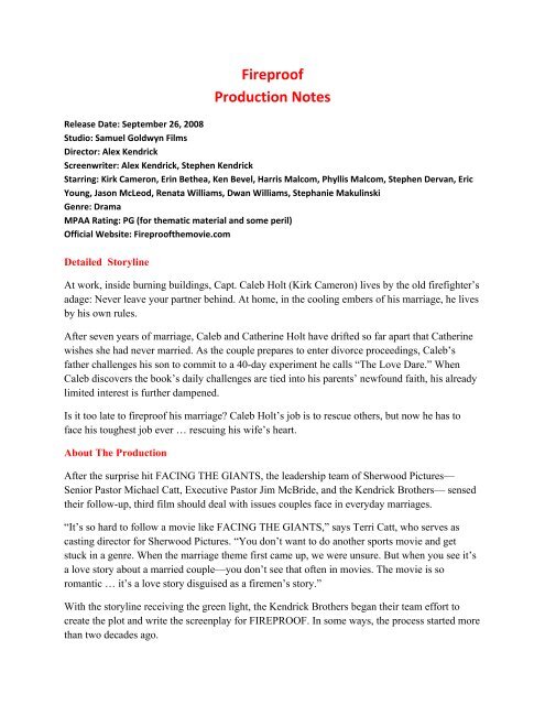 Fireproof Production Notes - Visual Hollywood