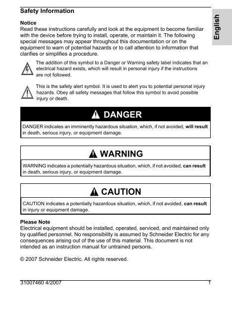 DANGER WARNING CAUTION - Schneider Electric