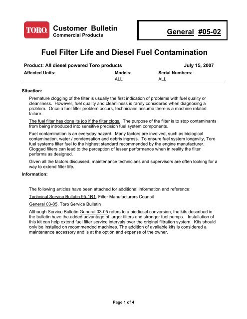 Fuel Filter Life and Diesel Fuel Contamination - Toro