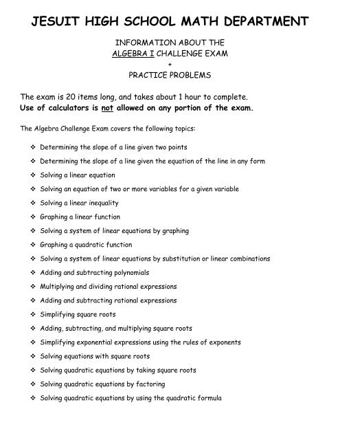 Algebra I Challenge Exam Example - Jesuit High School