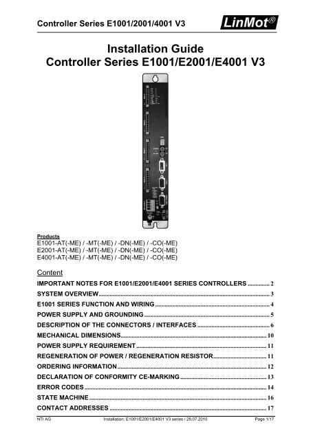 Installation Guide Controller Series E1001/E2001/E4001 V3 - LinMot