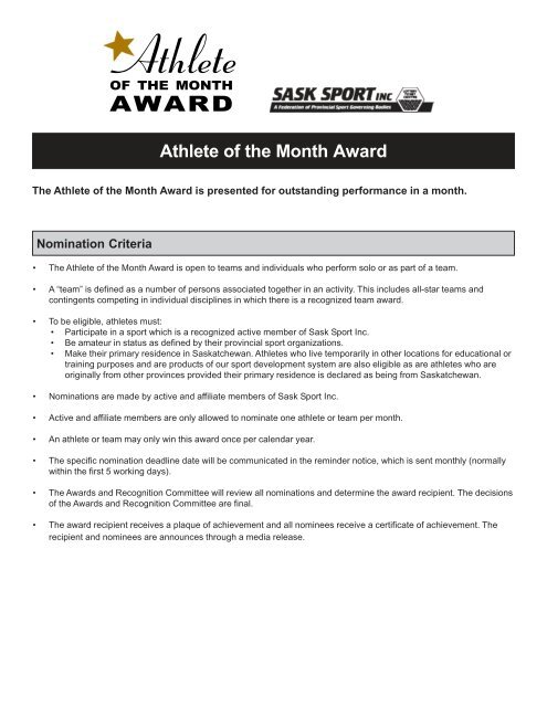Athlete of the Month Award.pmd - Sask Sport Inc.