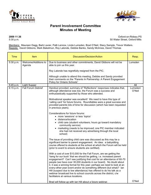 Parent Involvement Committee Minutes of Meeting - Upper Canada ...