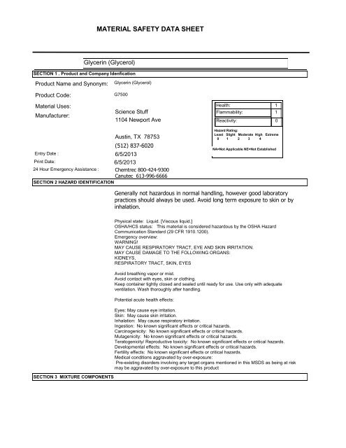 MSDS for Glycerin - (Glycerol) - Science Stuff