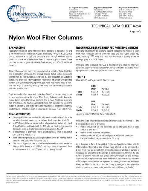 Data Sheet #425A:Nylon Wool Fiber Columns - Polysciences, Inc.