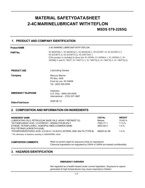 MATERIAL SAFETYDATASHEET 2 ... - Mercury Marine