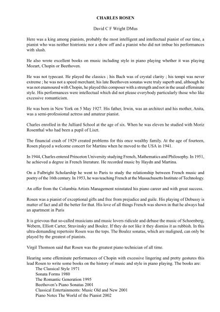 NEW Charles Rosen - Dr David Wright