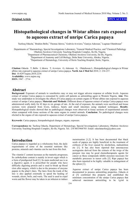 Histopathological changes in Wistar albino rats exposed to aqueous ...