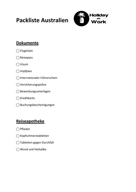 Australien Work And Travel Packliste