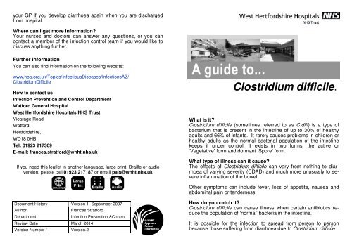 Clostridium Difficile Diahhroea CDT Patient Information Leaflet