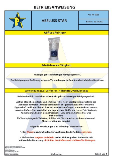 abfluss star betriebsanweisung - Profi-Star Wartungsprodukte GmbH