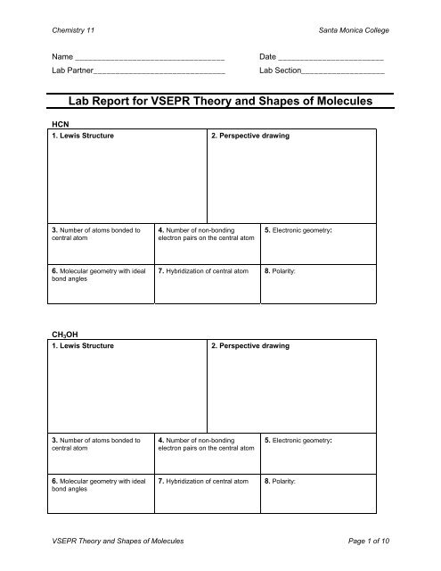 Lab Report for VSEPR Theory and Shapes of Molecules Lab Report for VSEPR Theory and Shapes of Molecules