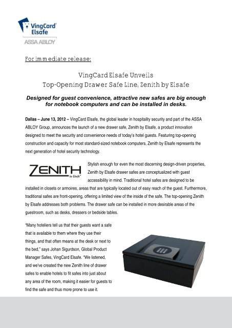VingCard Elsafe Unveils Top-Opening Drawer Safe Line, Zenith by ...
