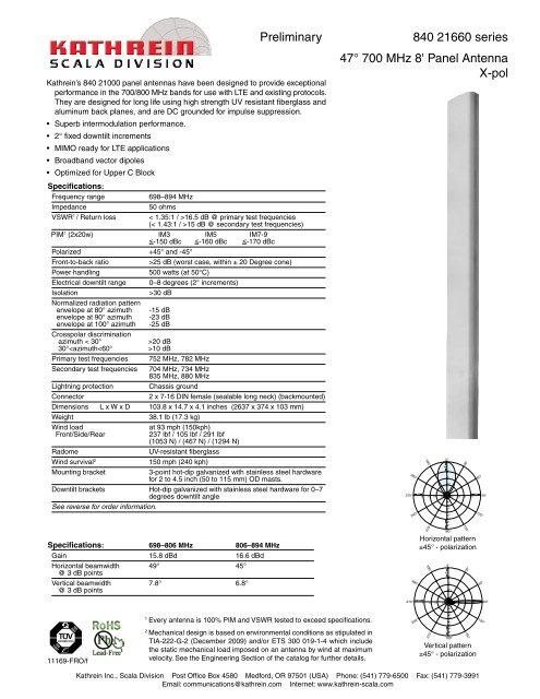 Preliminary 840 21660 series 47Â° 700 MHz 8' Panel Antenna X-pol