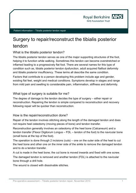 Surgery to repair/reconstruct the tibialis posterior tendon - The Royal ...