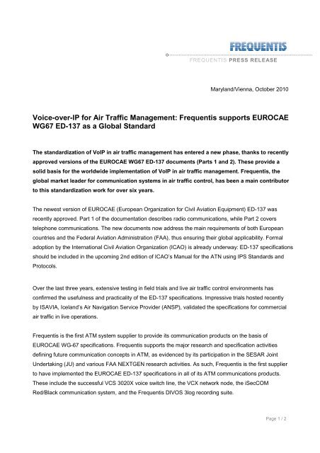 Frequentis supports EUROCAE WG67 ED-137 as a Global Standard