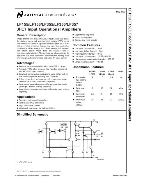 LF155/LF156/LF355/LF356/LF357 JFET Input Operational Amplifiers