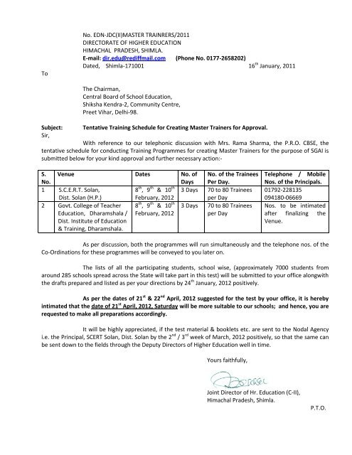 Tentative Training Schedule for Creating Master Trainers