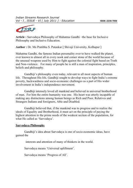 Sarvodaya Philosophy of Mahatma Gandhi â the base for Inclusive ...
