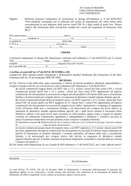 modulo richiesta permesso temporaneo circolazione - Comune di ...