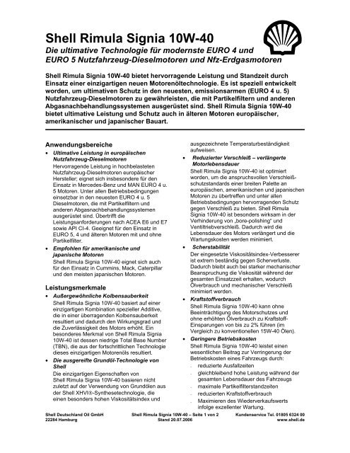 Shell Rimula Signia 10W-40 - Schmierstoff-Datenbank