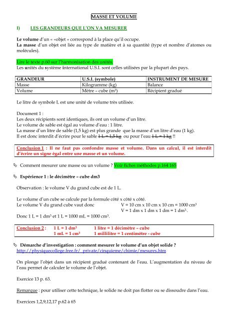 Évaluation Masse Volume 5Ème , Masse et volume 5ème exercices corrigés ...